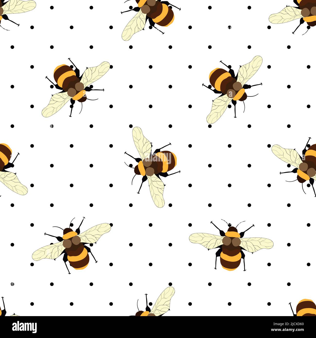 Seamless pattern with bees on white polka dots background. Small wasp ...