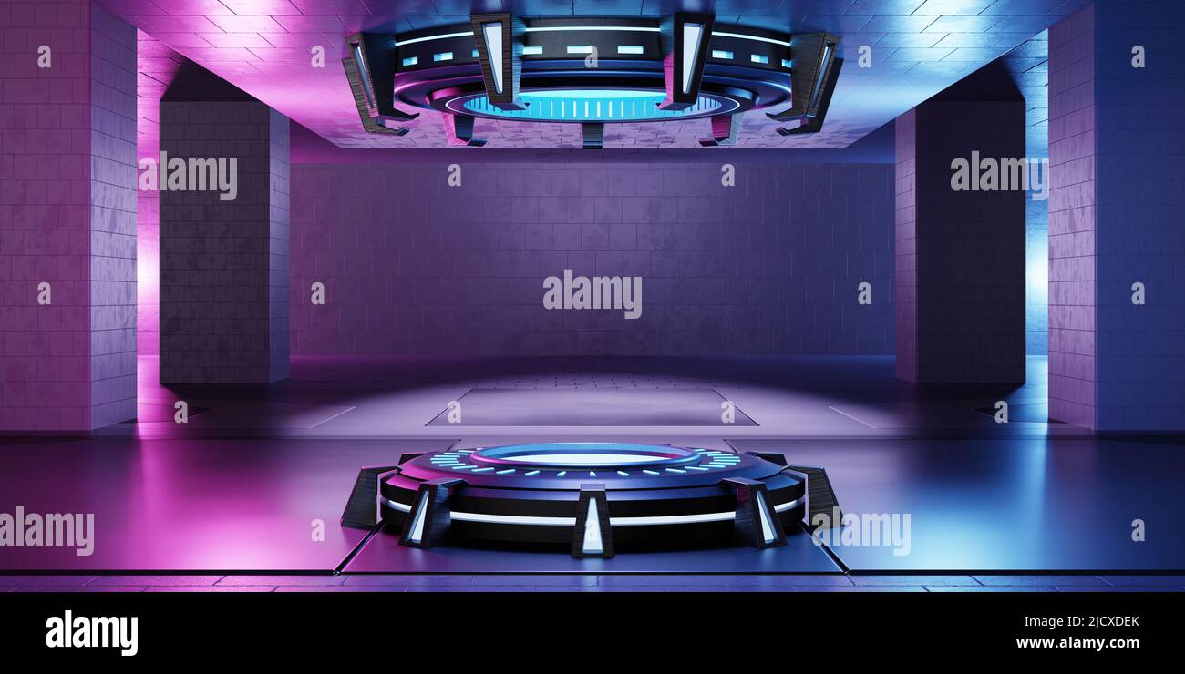 Inside spaceship laboratory with empty podium interior architecture ...