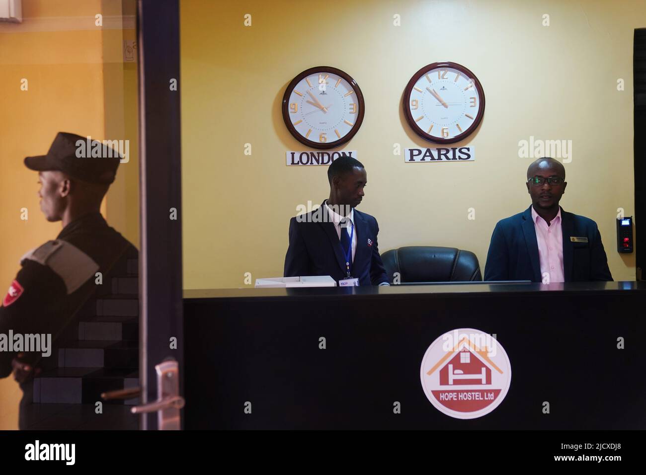 The reception area at the Hope Hostel in Kigali, Rwanda, where migrants ...