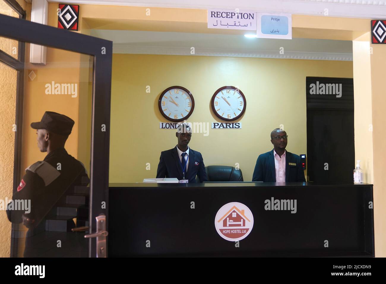The reception area at the Hope Hostel in Kigali, Rwanda, where migrants ...