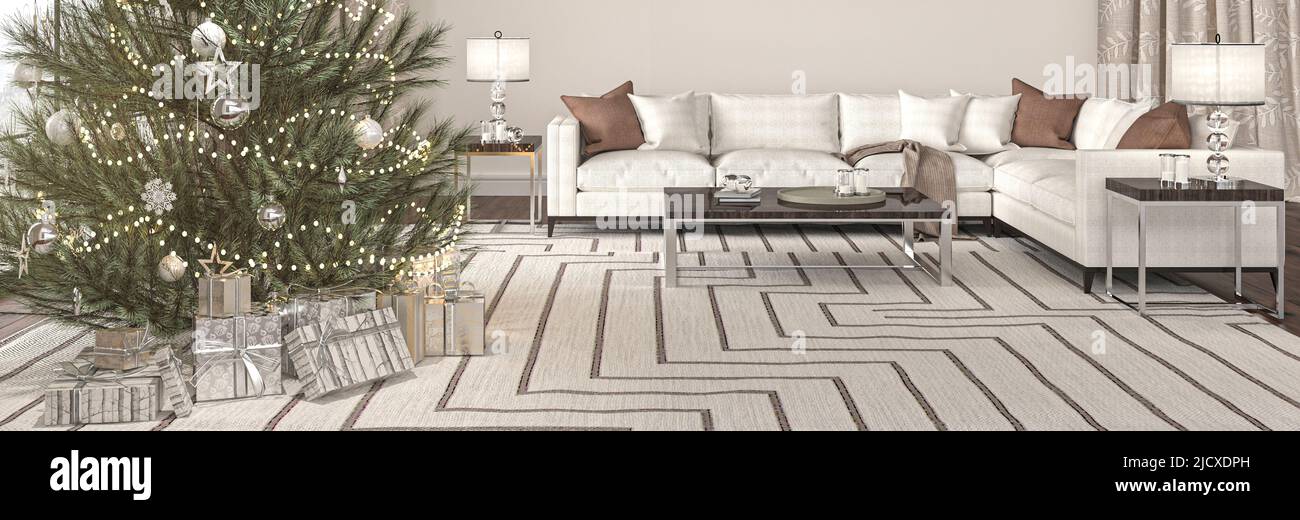 Big christmas tree with presents in living room interior design ...