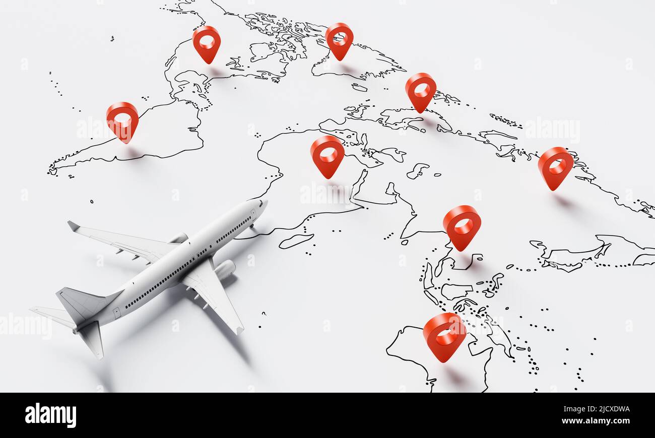 Plane flies above white paper map of the world travel with red location ...