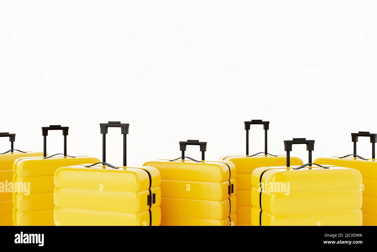 Group of yellow trolley roller suitcases with handle on isolated white ...