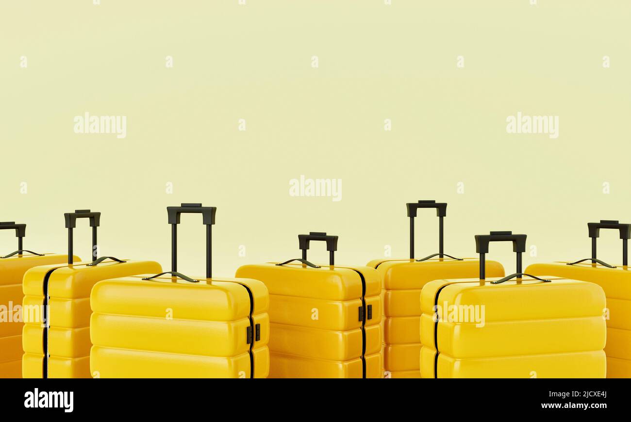 Group of yellow trolley suitcases on isolated background. Travel object ...