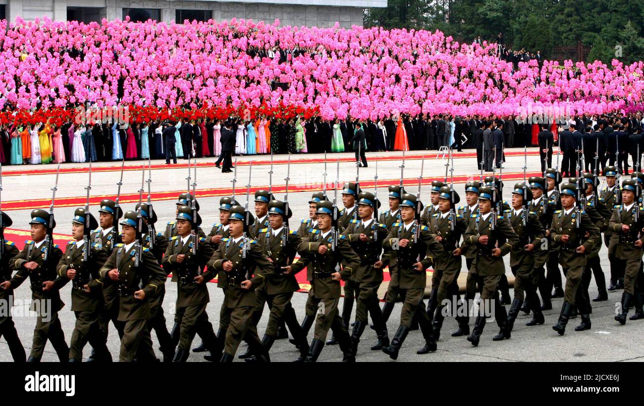 North Korean soldiers march at a welcome ceremony for South Korean ...