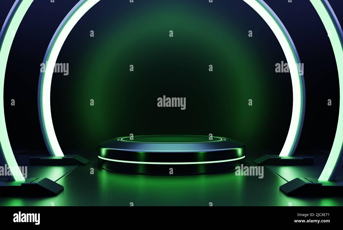 Modern round product showcase sci-fi podium with green glowing light ...