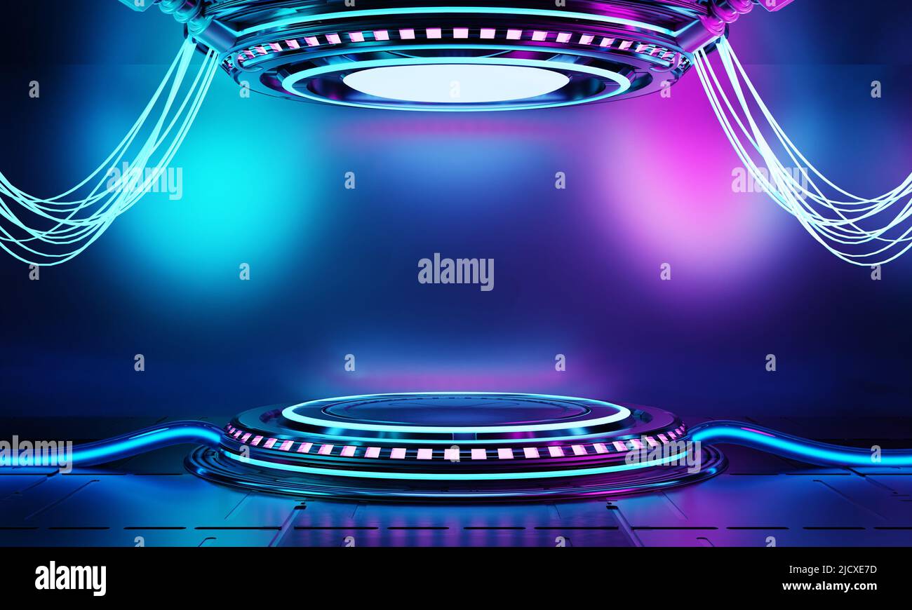 Inside spaceship laboratory with empty podium interior architecture ...