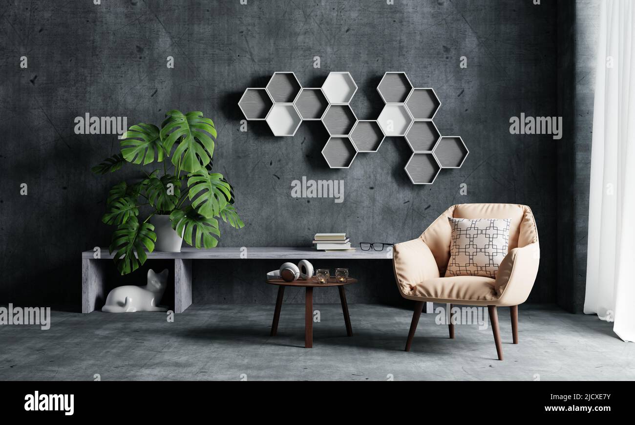 Living room with armchair sofa and Monstera plant and hexagonal book ...