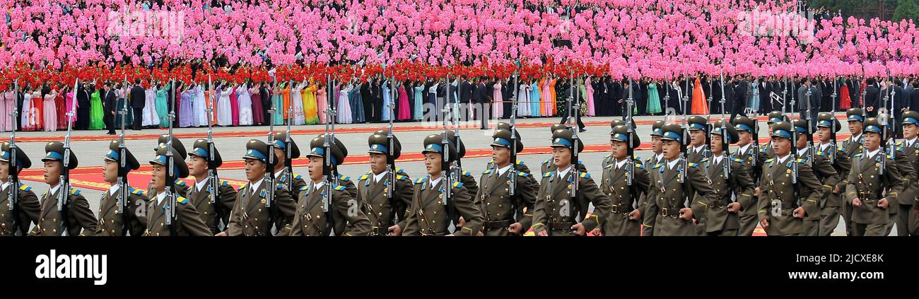North Korean soldiers march at a welcome ceremony for South Korean ...