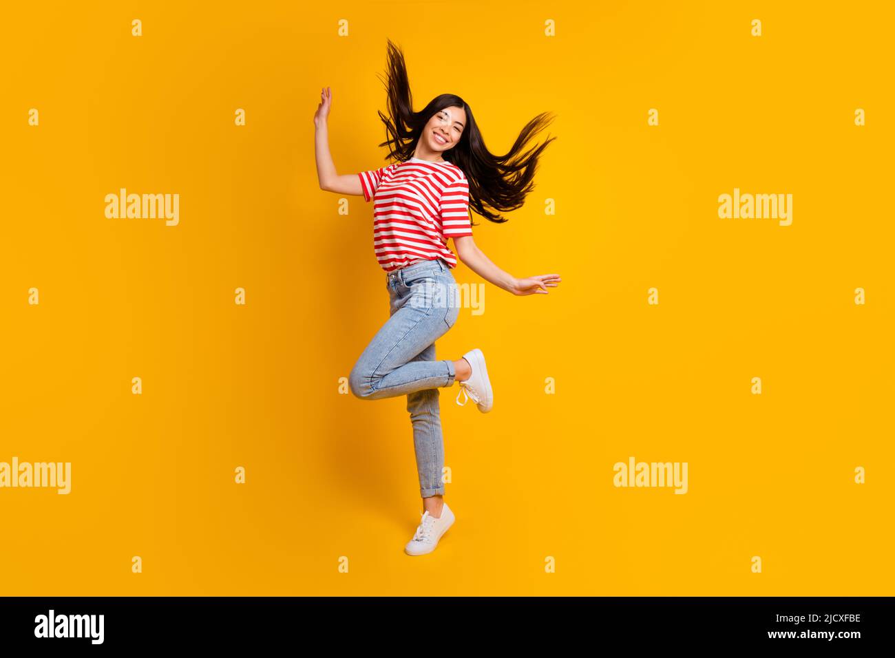 Full size photo of satisfied cheerful person dancing spend pastime ...