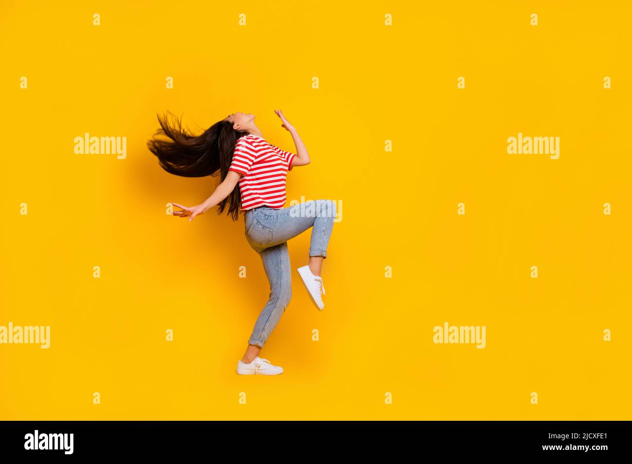 Full size profile photo of overjoyed lady enjoy partying dancing empty ...