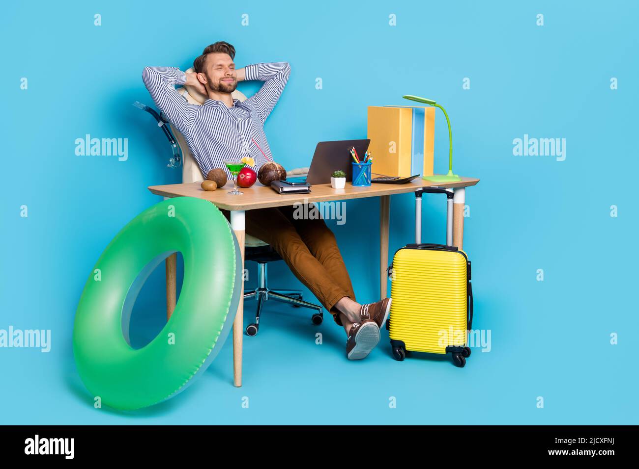 Full size photo of calm peaceful good mood man relaxing from work ...
