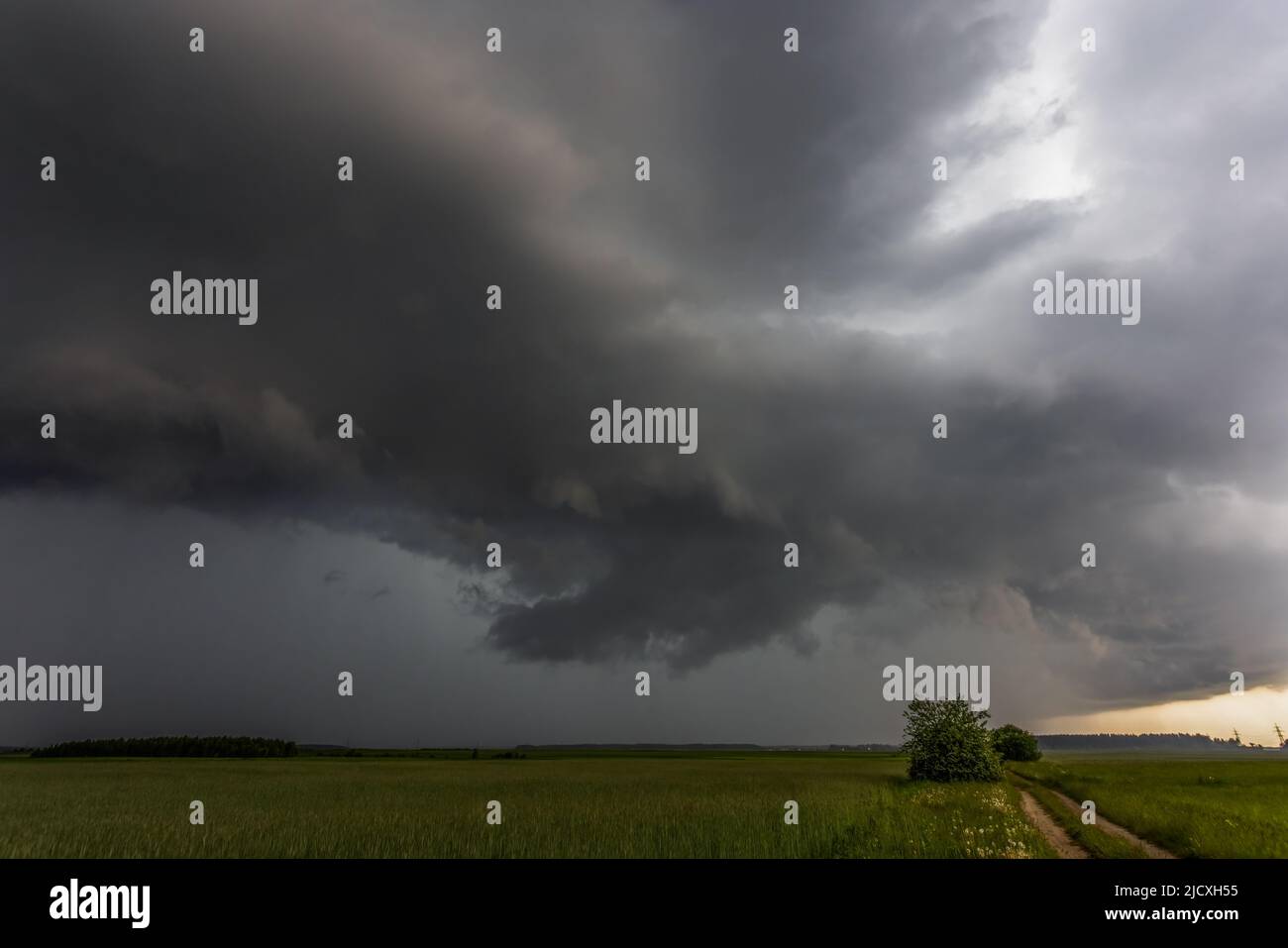Storm clouds over field, tornadic supercell, extreme weather, dangerous ...