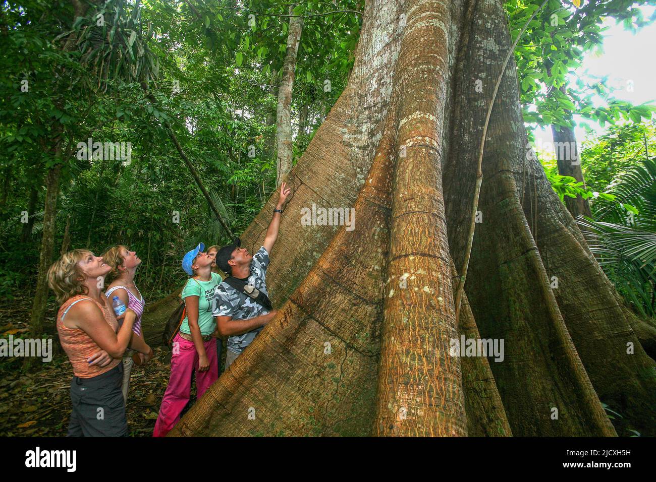 Brazil, Amazone, Tapajos National Park A tourist guide is telling about ...