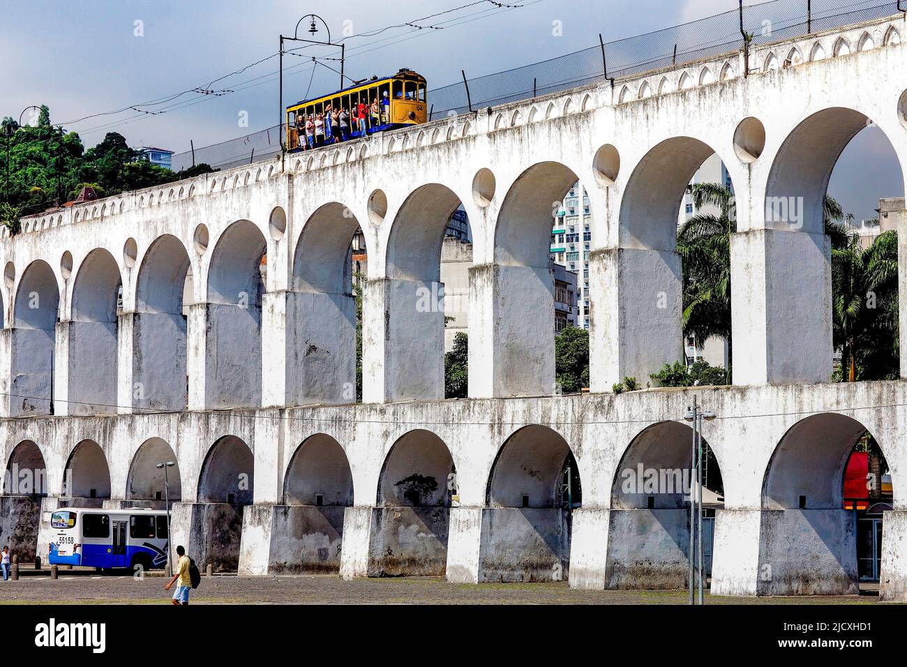 Brazil, Rio de Janeiro. In Lapa the tram or 'bonde' moves across the ...