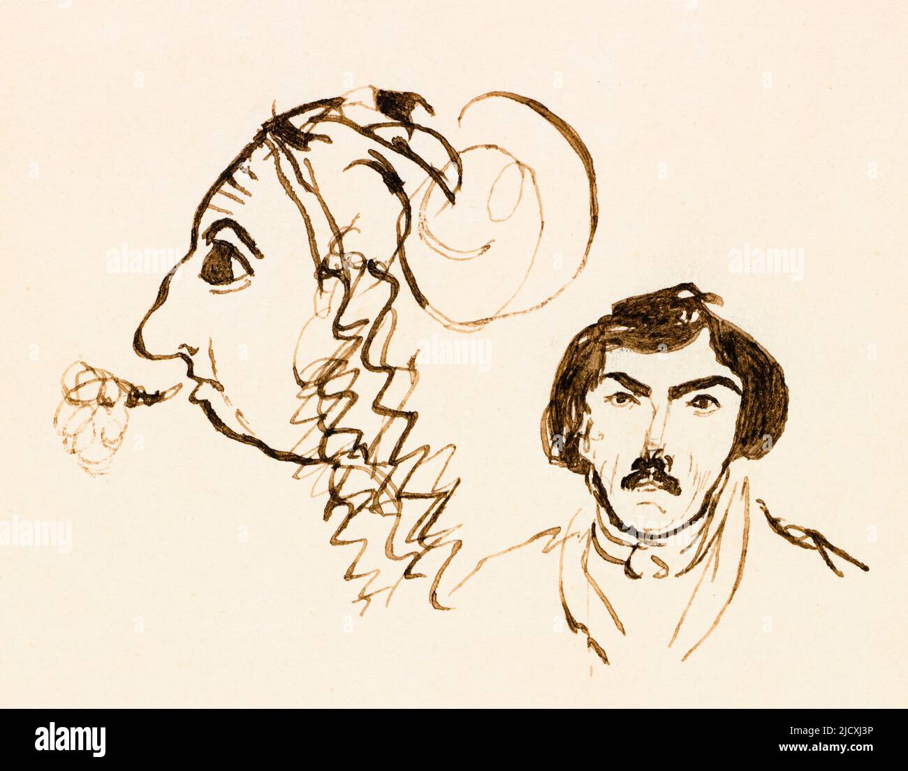 Self-Portrait with a Portrait of Delacroix, drawing in pen and ink by ...