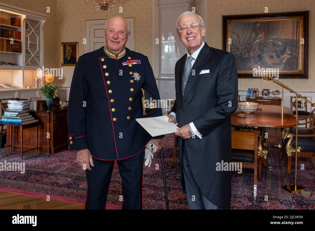 Oslo 20220616.King Harald receives the new US Ambassador Marc Bennet ...