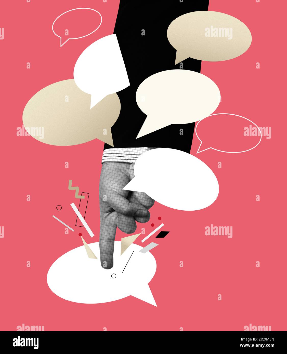 Conceptual image. Male finger aggressively pointing at speech bubble ...