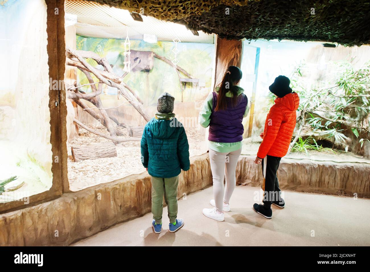 Mother with kids discovering and watching animals at zoo Stock Photo ...