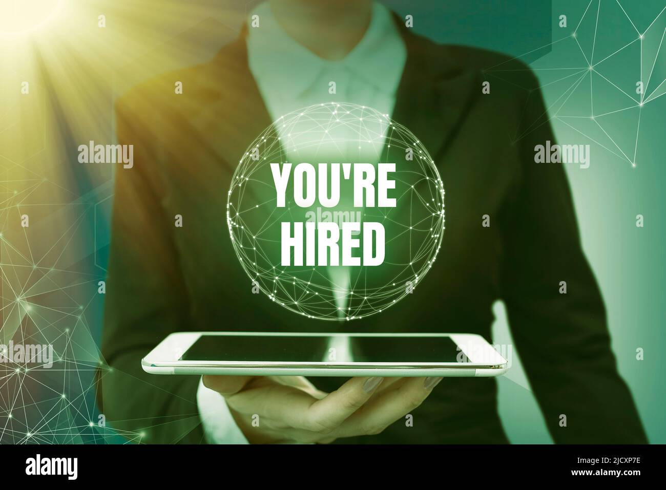 Text sign showing You Re Hired. Business concept New Job Employed ...