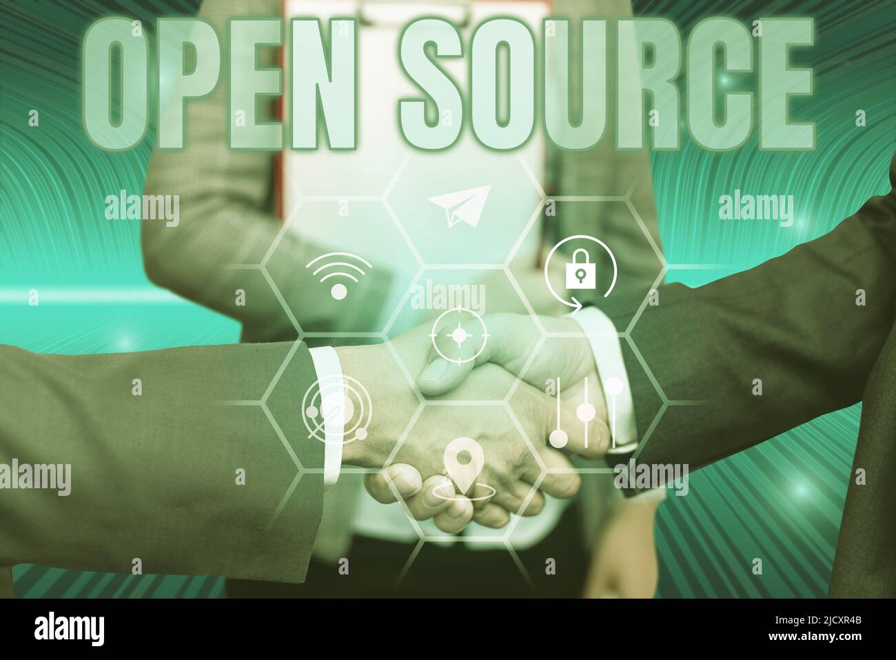 Conceptual caption Open Source. Business approach denoting software which original source code ...