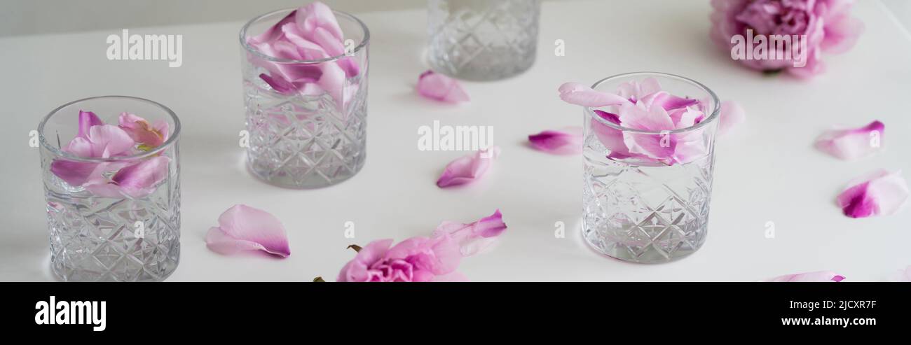 faceted glasses with refreshing tonic and pink floral petals on white ...