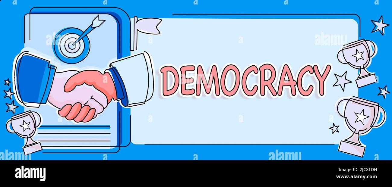 Text caption presenting Democracy. Word for freedom of the showing to ...