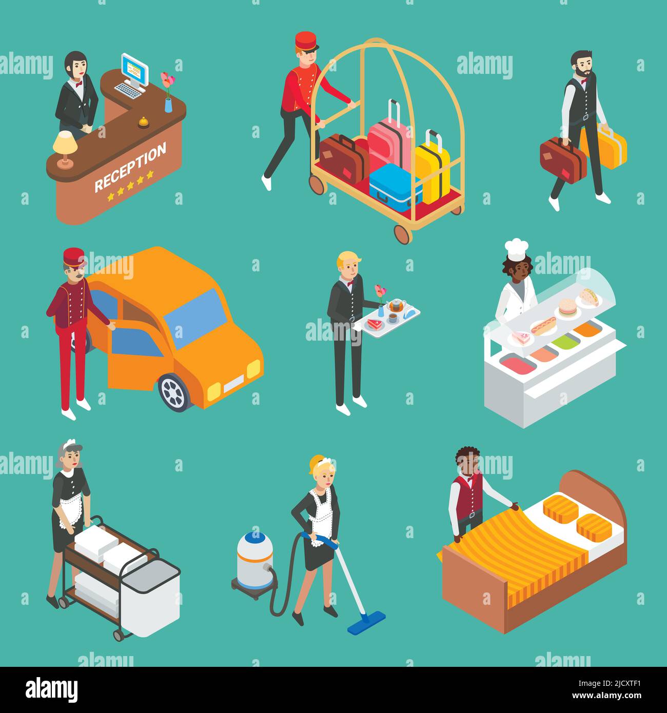 Hotel service workers vector flat isometric icon set Stock Vector Image ...