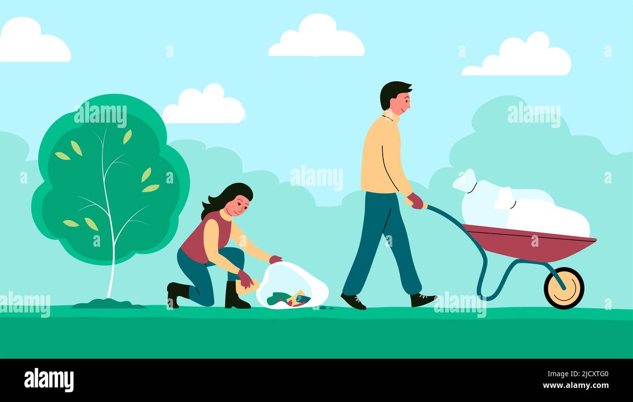 People clean up garbage in the park in nature. A man drives a ...