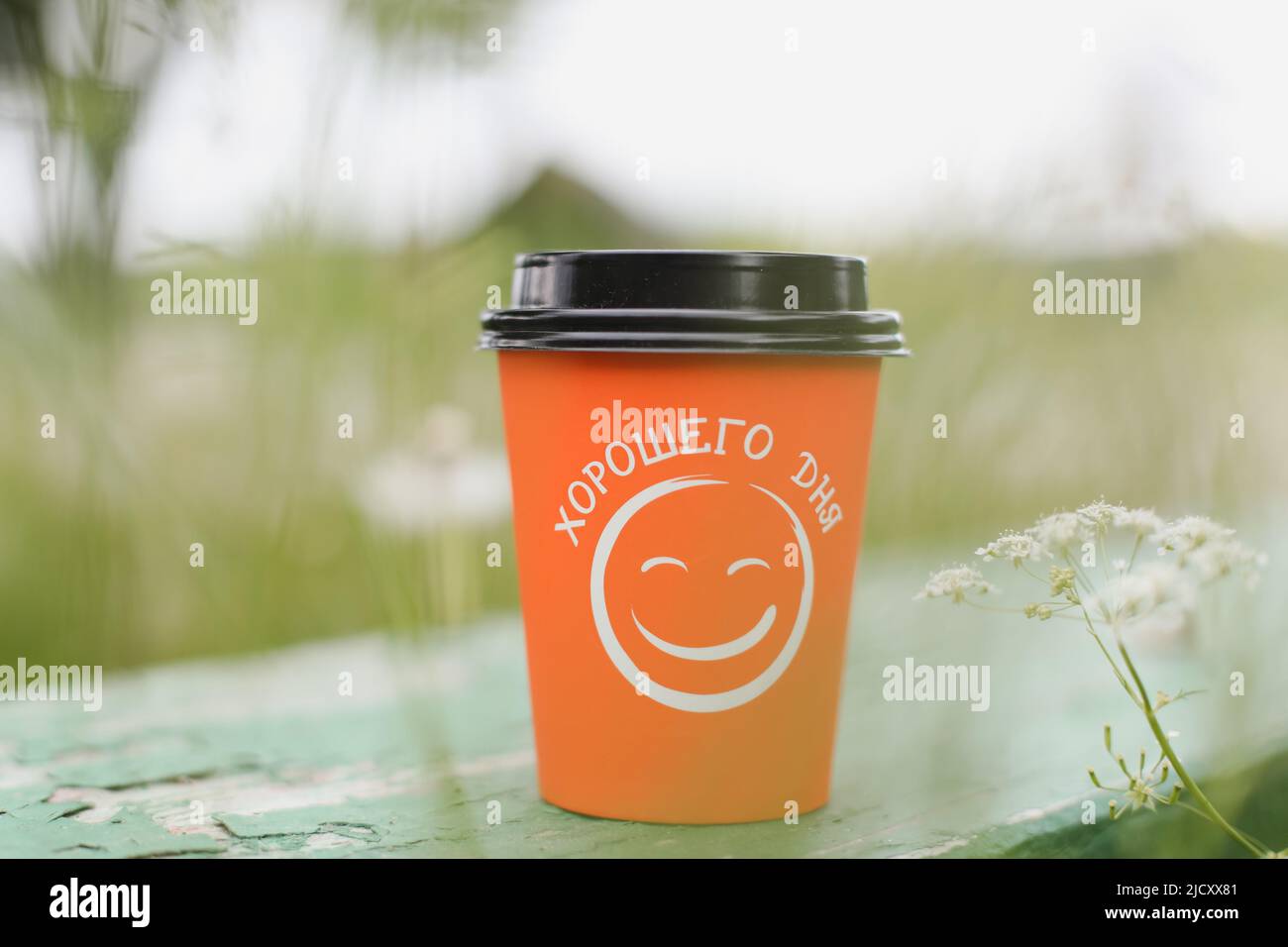 Coffee paper cup with a have a nice day message. Good morning ...