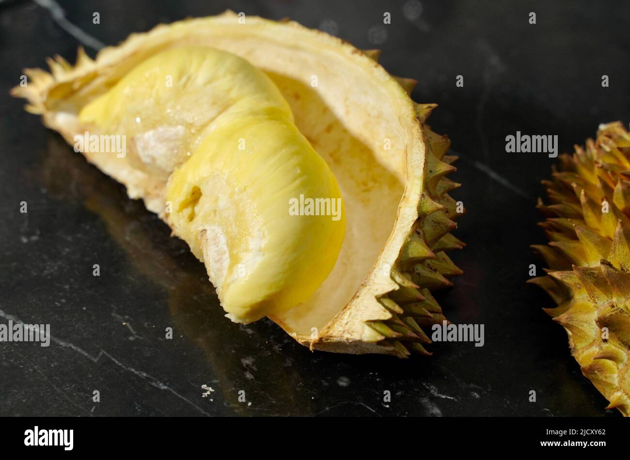 Fresh durian in packaging on white dish with durian peel on banner ...