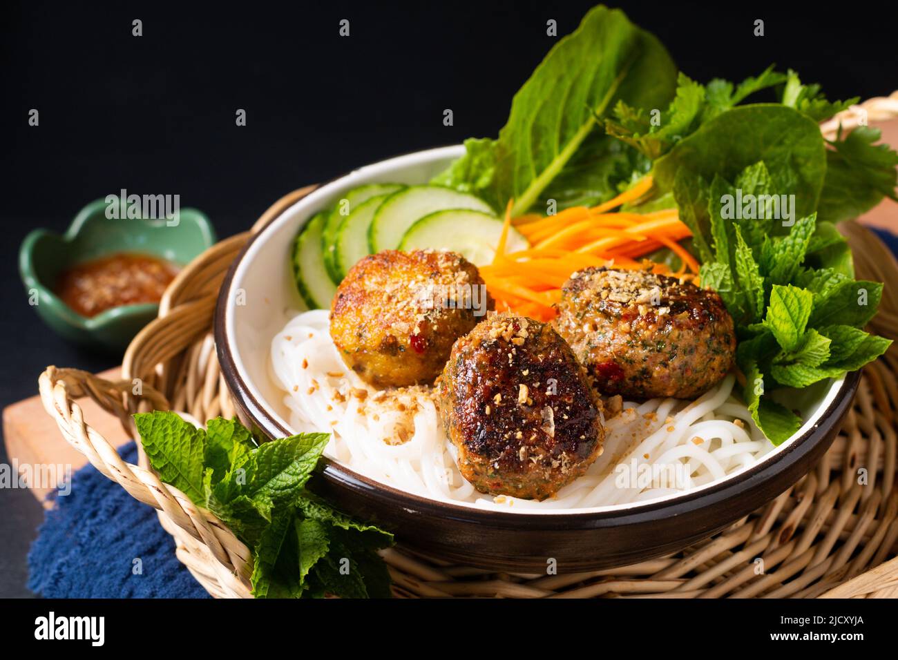 Food concept Bun Cha Vietnamese rice noodles and Meatballs with ...