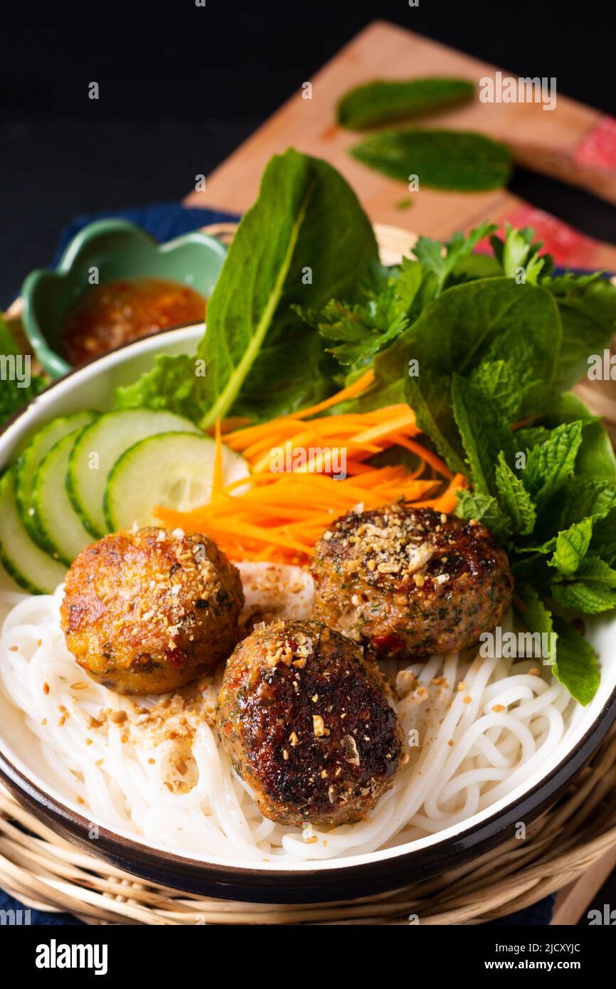 Food concept Bun Cha Vietnamese rice noodles and Meatballs with ...