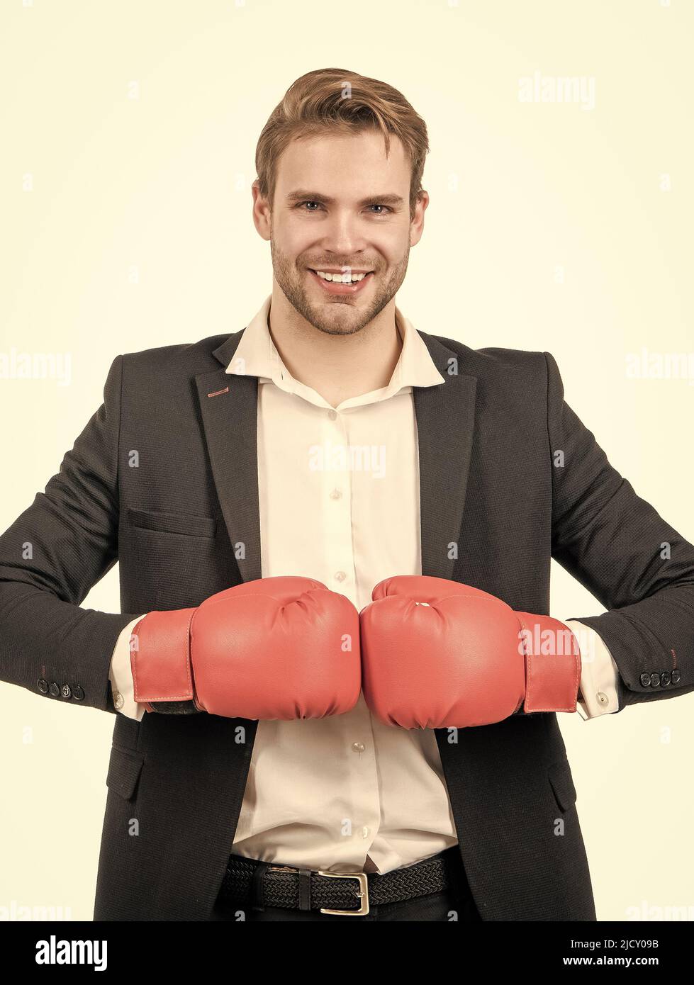 Happy businessman man hold boxing gloves together ready to fight ...