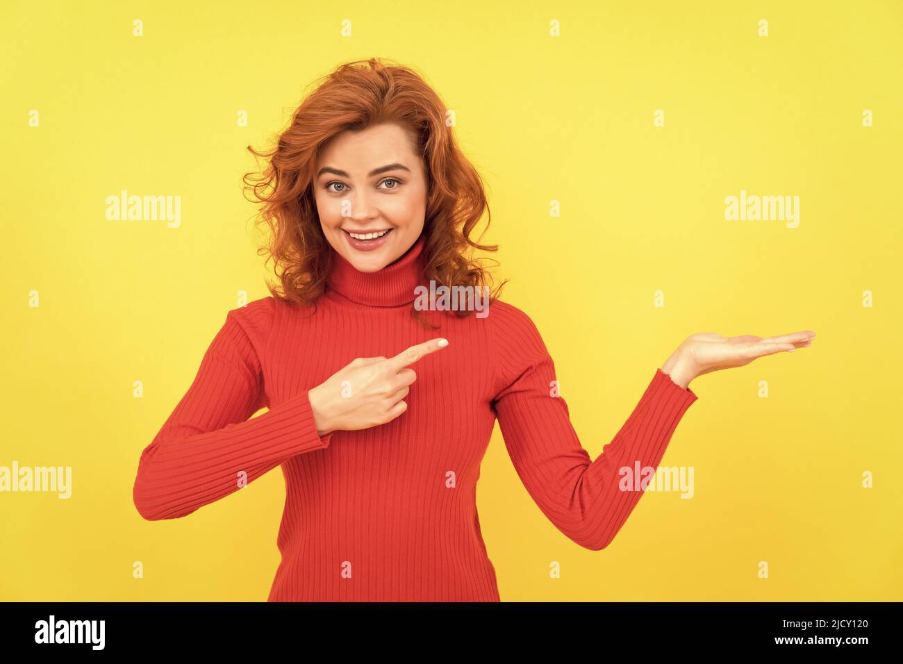 point finger on product. place for promotion and creativity. woman with ...