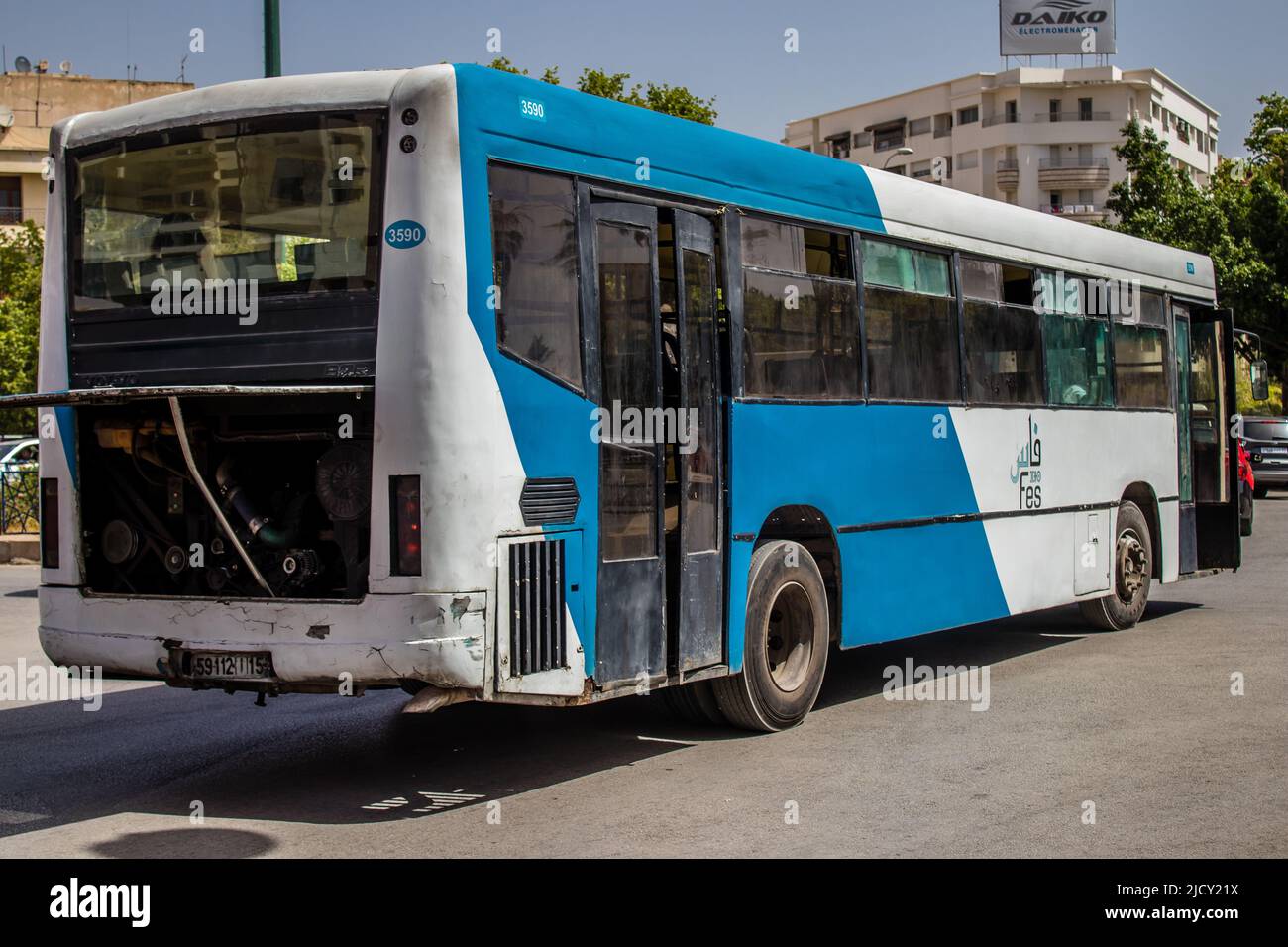 Fez, Morocco - June 14, 2022 Bus driving through the streets of Fez ...
