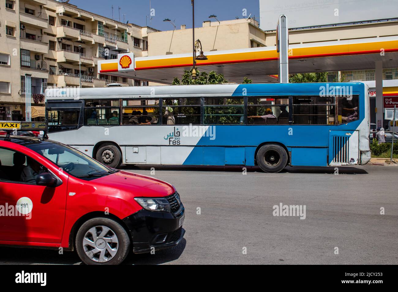 Fez, Morocco - June 14, 2022 Bus driving through the streets of Fez ...