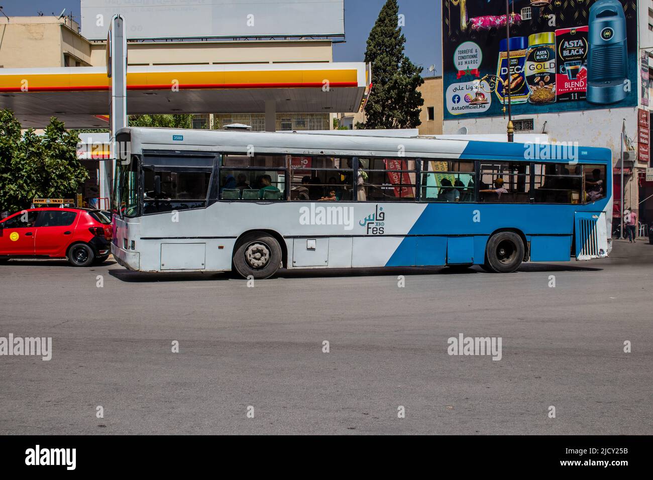Fez, Morocco - June 14, 2022 Bus driving through the streets of Fez ...