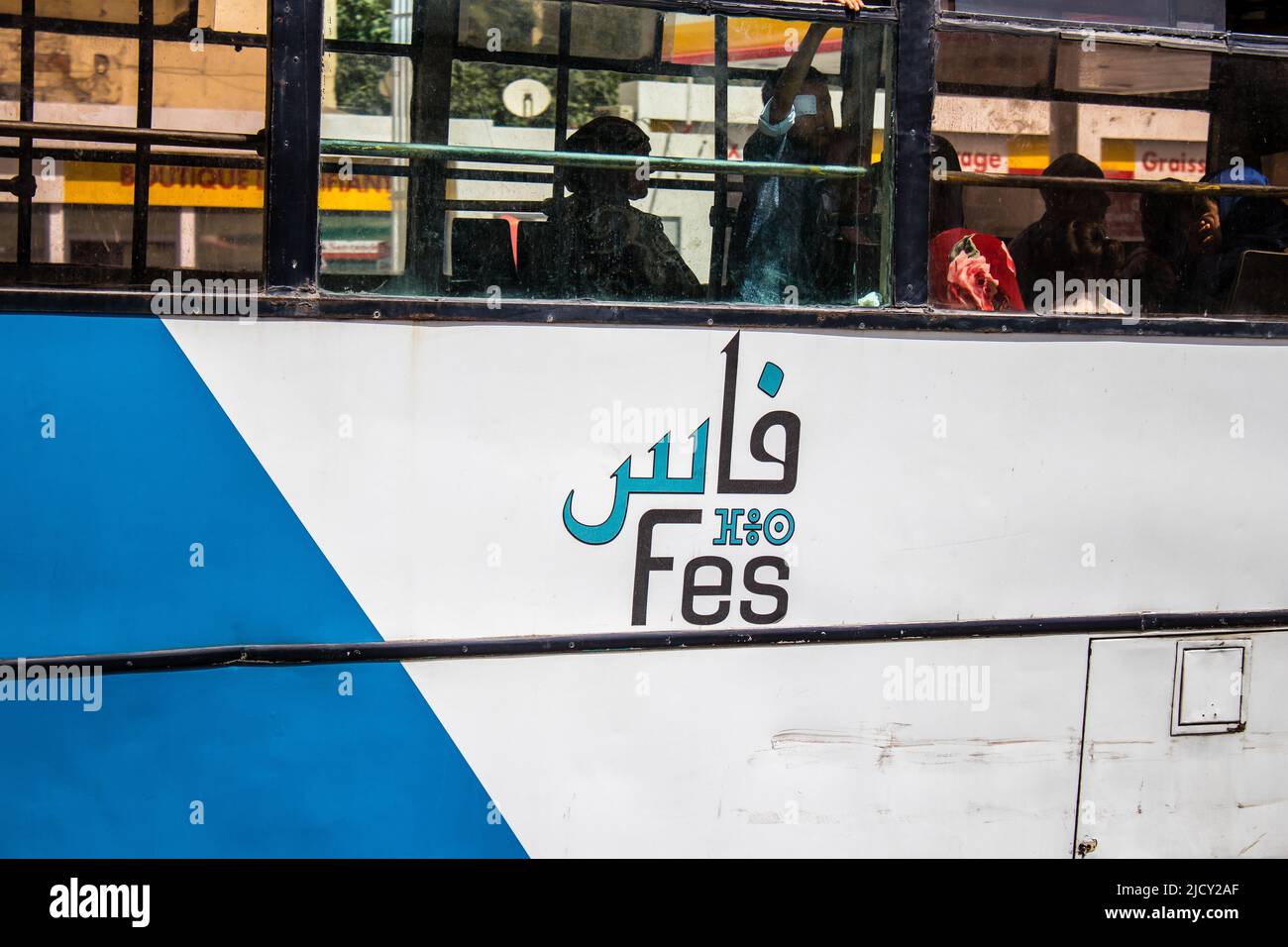 Fez, Morocco - June 14, 2022 Bus driving through the streets of Fez ...