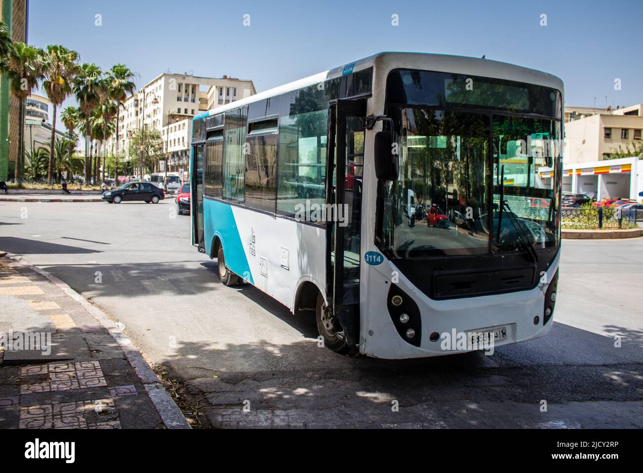 Fez, Morocco - June 14, 2022 Bus driving through the streets of Fez ...