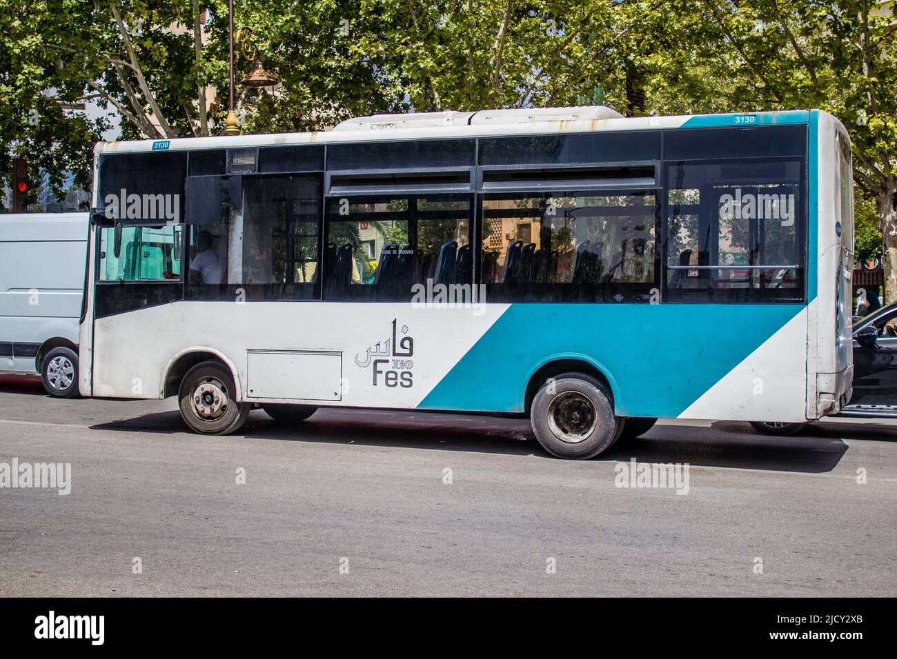 Fez, Morocco - June 14, 2022 Bus driving through the streets of Fez ...