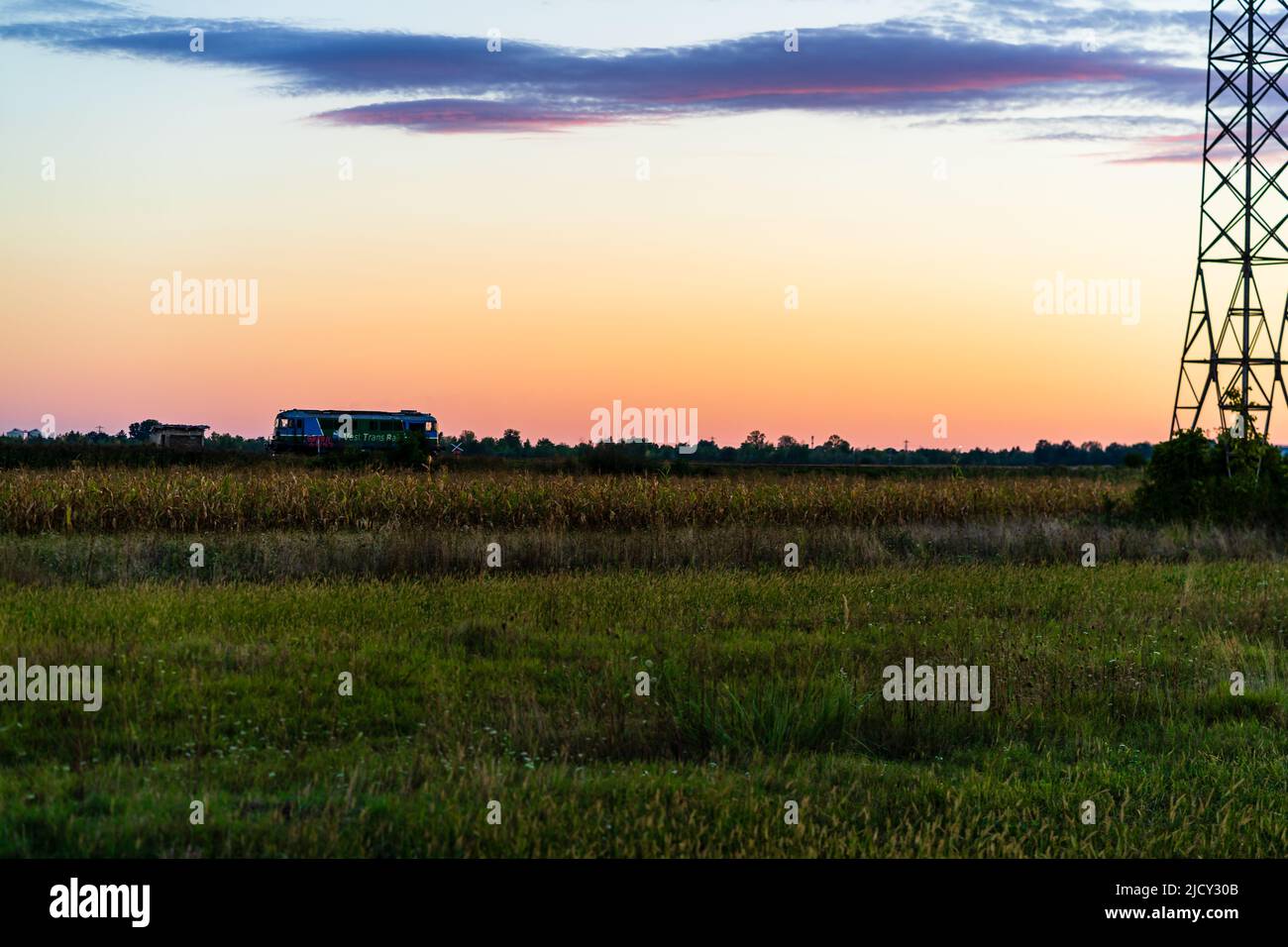 Detail of electric pole with electric cables and crop fields Stock ...