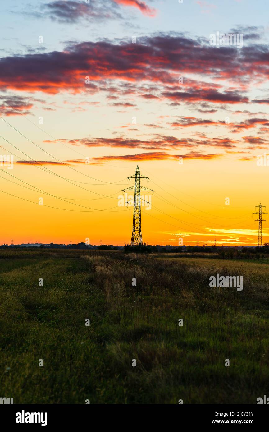 Detail of electric pole with electric cables and crop fields Stock ...