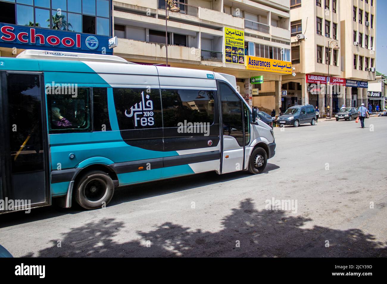 Fez, Morocco - June 14, 2022 Bus driving through the streets of Fez ...