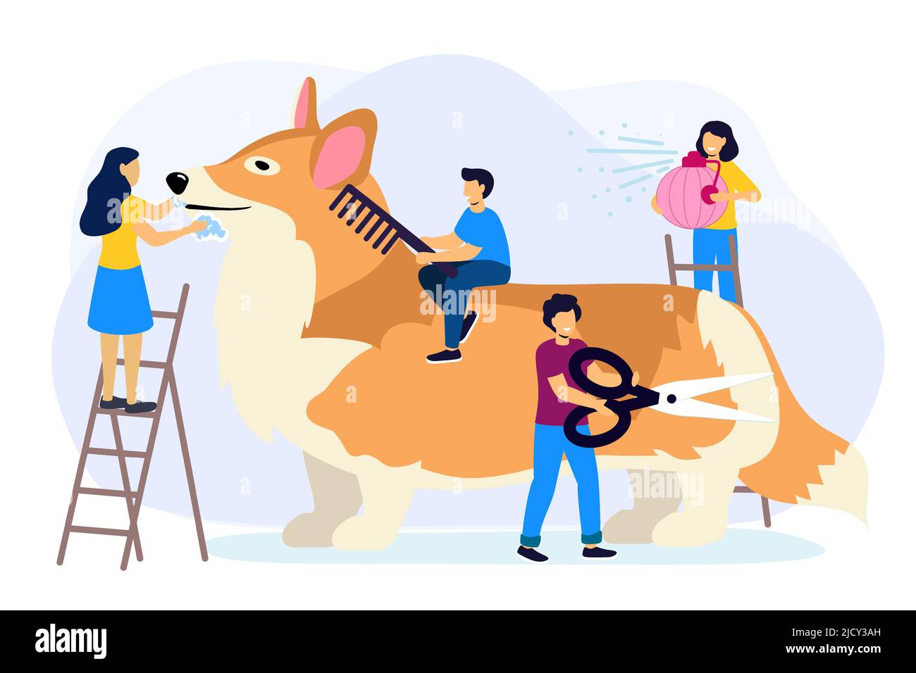 Professional groomer services vector illustration in flat cartoon style ...