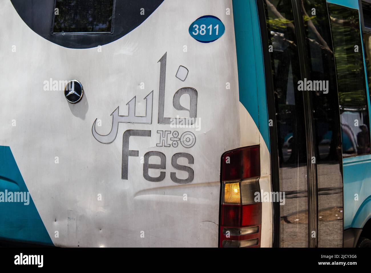 Fez, Morocco - June 14, 2022 Bus driving through the streets of Fez ...