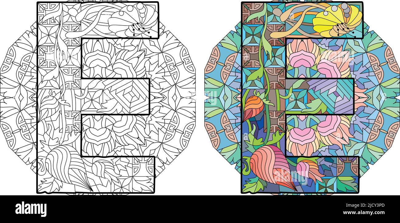Zentangle stylized alphabet - letter E on mandala. Vector illustration ...