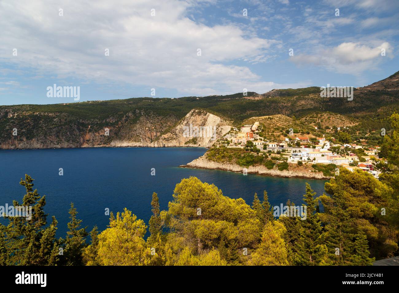 Top view at Asos village, Assos peninsula and blue Ionian Sea water ...