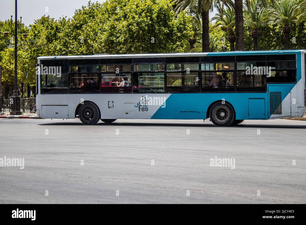 Fez, Morocco - June 14, 2022 Bus driving through the streets of Fez ...