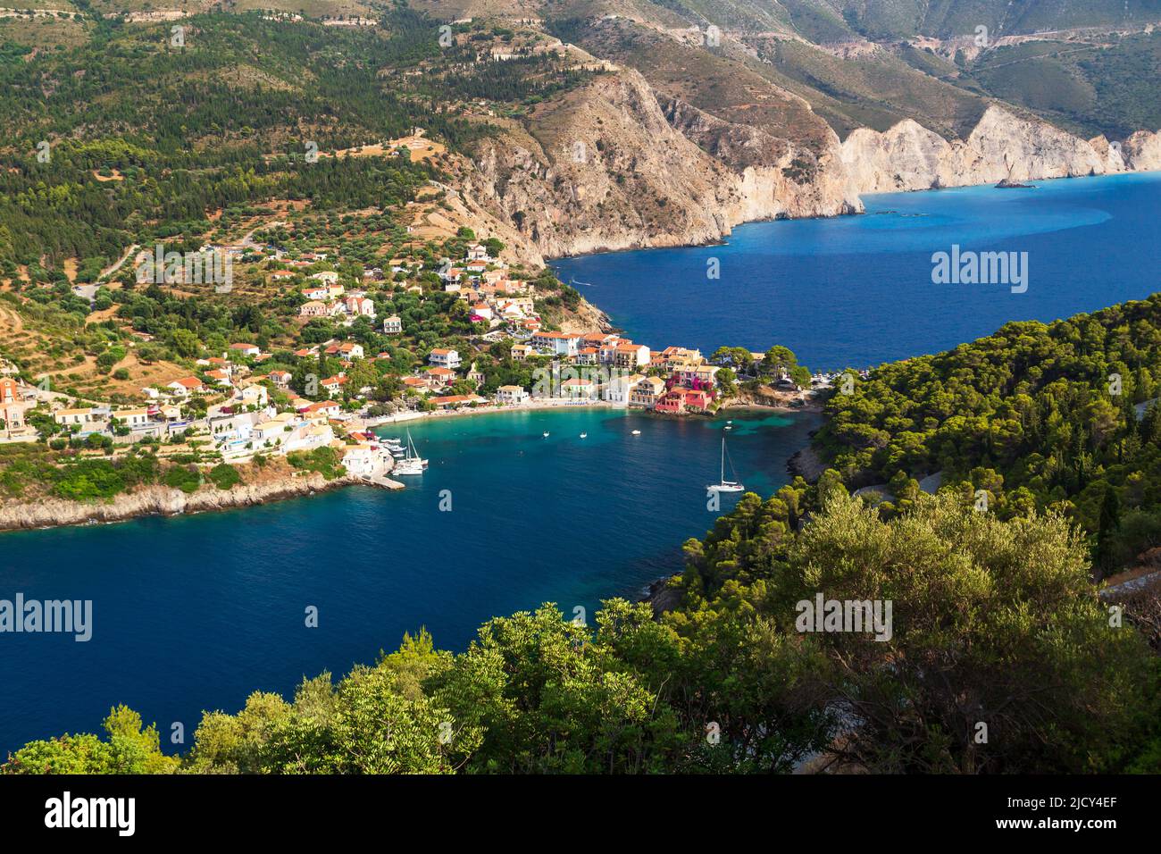Fantastic top view at Asos village, Assos peninsula and blue Ionian Sea ...